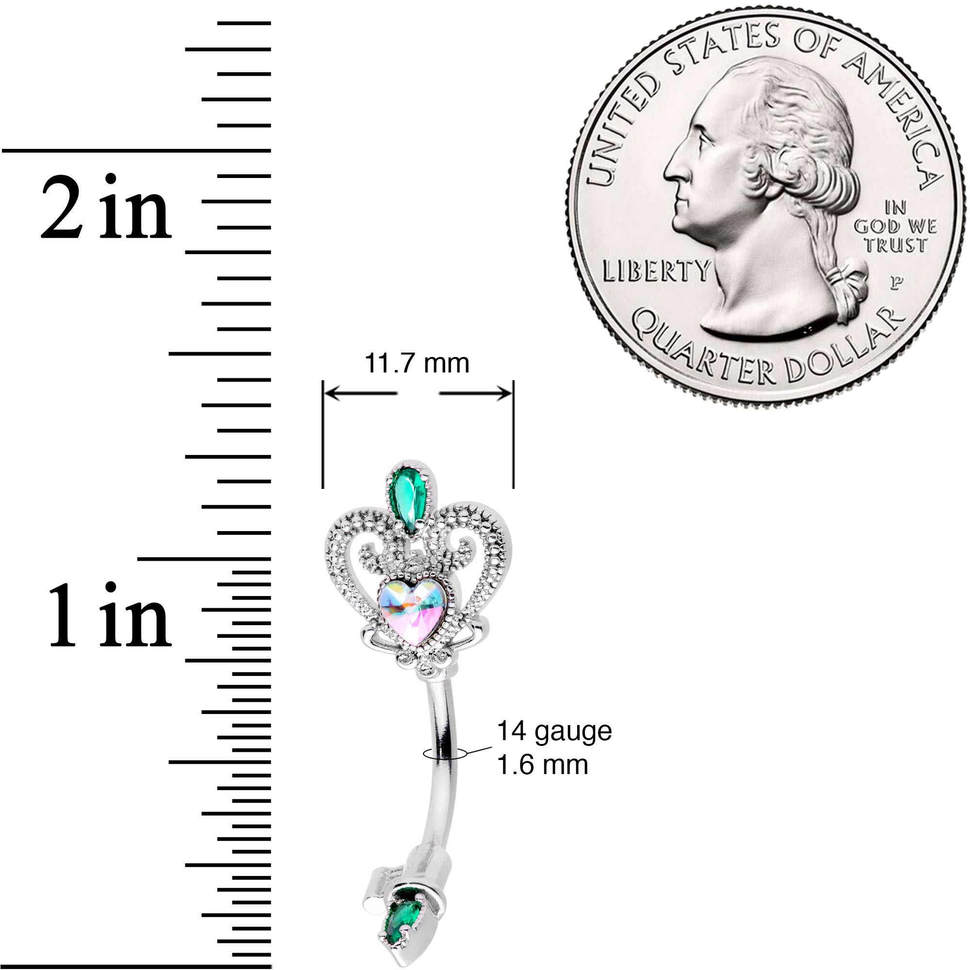 Body Candy 14G 316L Steel Navel Ring Piercing Green Accent Queen Heart Key Double Mount Belly Button Ring