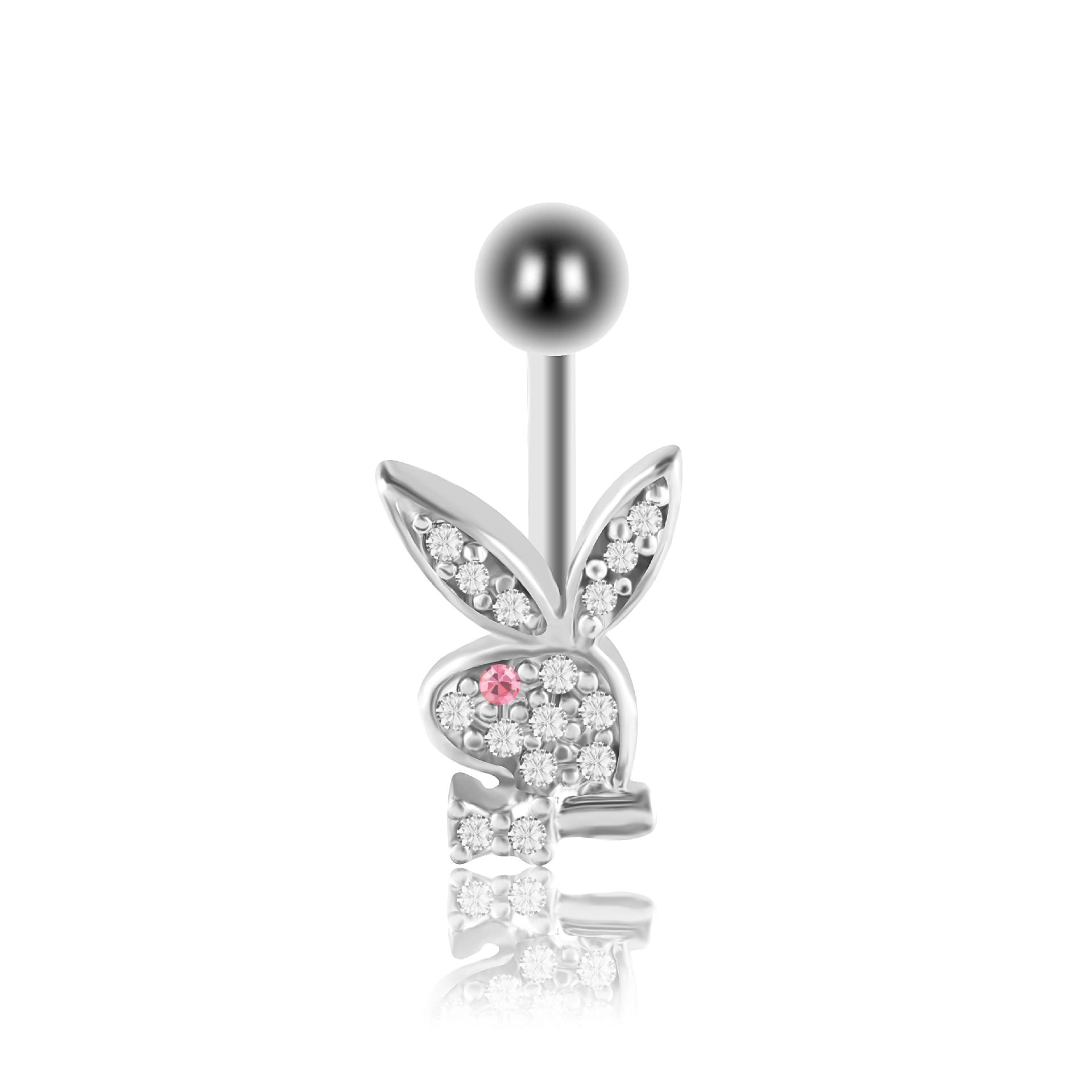 Bunny Belly Button Nail Multi Rhinestone Paved 316L Surgical Steel Playboi Rabbit Dangle Navel Ring Barbell Body Piercing Jewelry For Adults, Silver