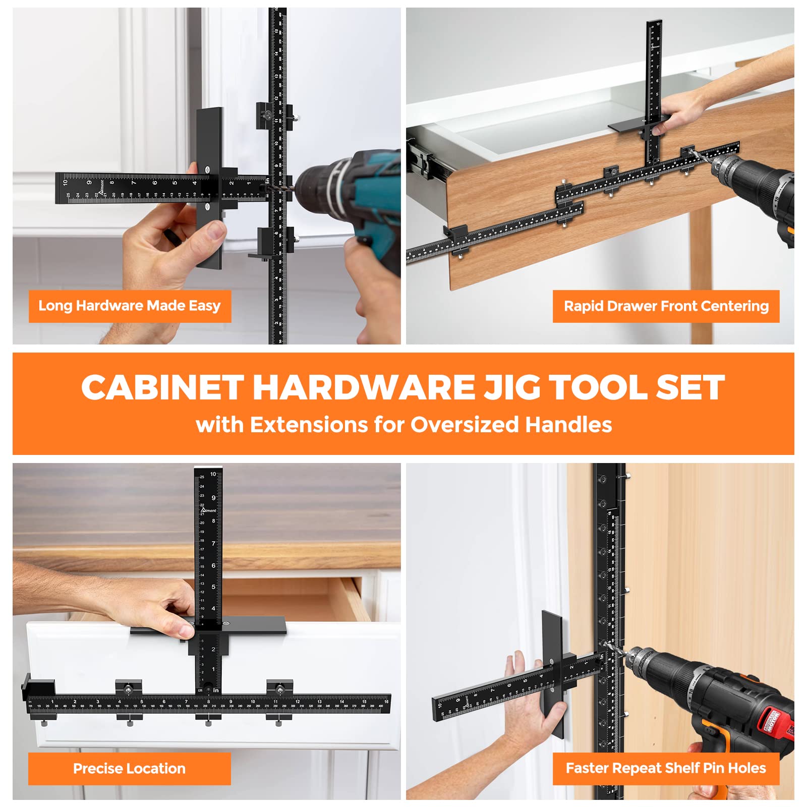 Cabinet Hardware Jig Tool, Aiment All Aluminum Pull Jig with Extensions for Oversized Handles, Adjustable Punch Locator Drill Template Guide for Door & Drawer Front Knobs, Pulls and Shelf Pin Holes