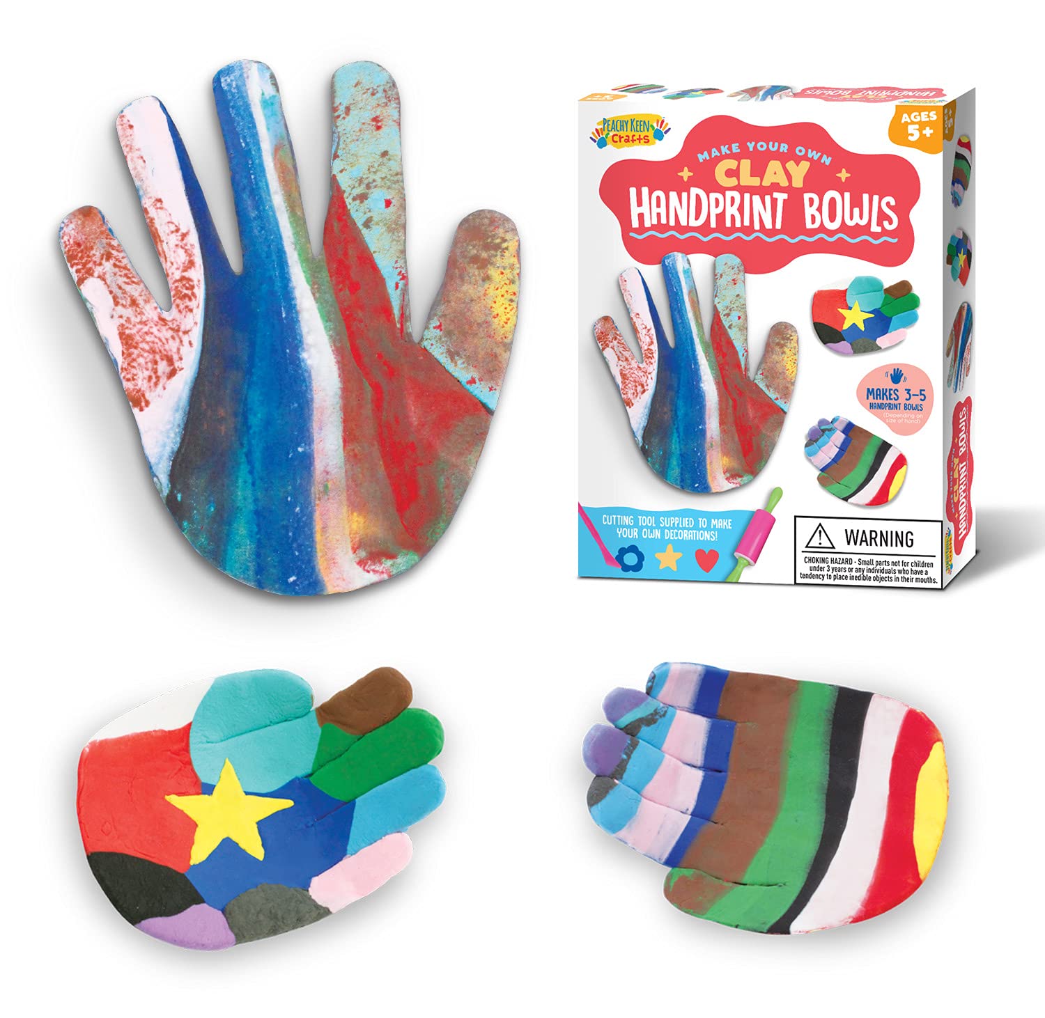 Peachy Keen Crafts Craft Sets for Kids Ages 5 and Up - Make Your Own Clay Hand Print Bowl - Includes Multicolor Clay, Cutting Tool, and Roller - Kid Craft Kit to Make Up to 3 Bowls