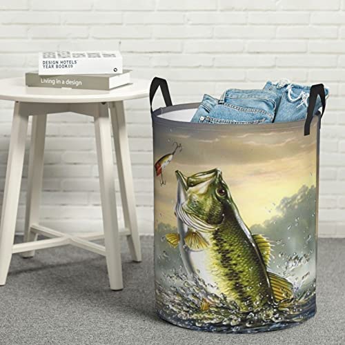 Duwrap Laundry Hamper Large Fish Bass Jumping Out Water Laundry Basket Bag With Lid Large Collapsible Laundry Cloth Washing Bin Household Organizer Bags Toy Storage Baskets For Bedroom Closet