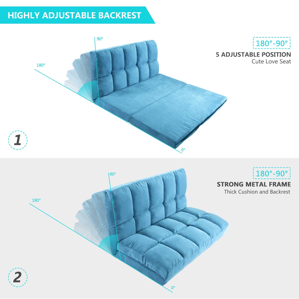 Harper & Bright Designs Adjustable Floor Sofa and Couch for Living Room and Bedroom, 5 Position Floor Gaming Chair, LoveSeat (Loveseat Couch, Blue Couch)