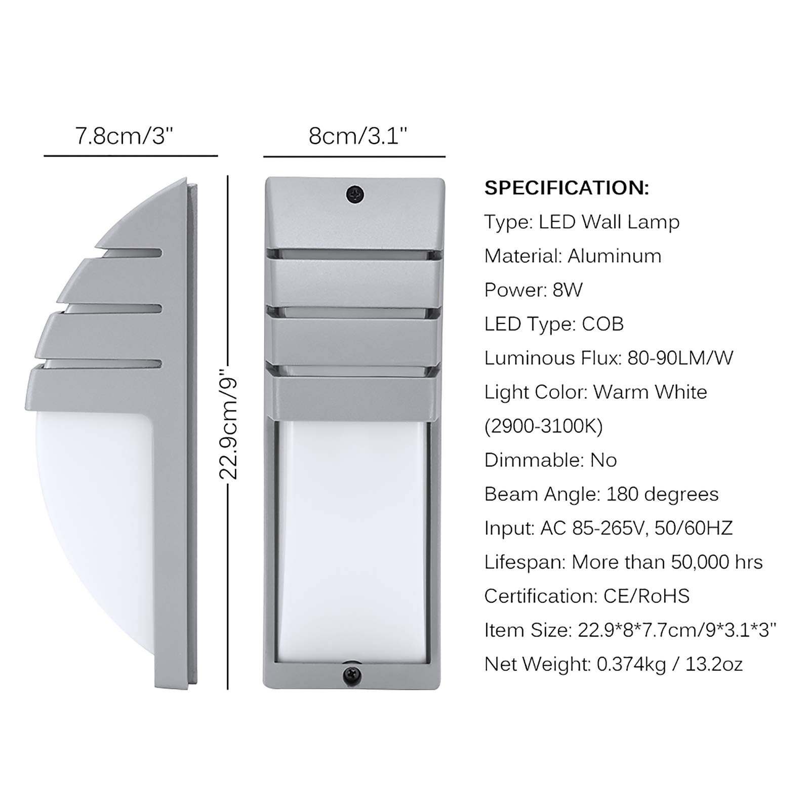 OurLeeme Wall Light Decorative Wall Sconce Porch Lamp 8W Energy Saving COB Stair Light Bright and Soft LED Wall Lamp for Home Patio Garden Walkway