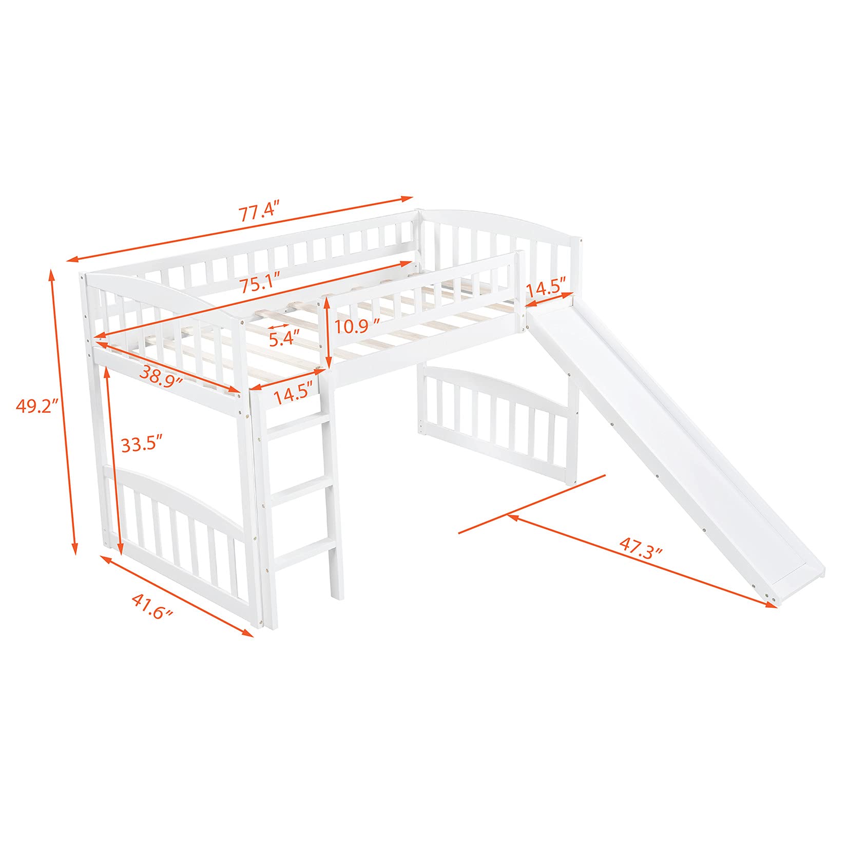 Harper & Bright Designs Kids Low Loft Bed with Slide, Twin Loft Beds for Kids, Wood Loft Bed Frame with Ladder for Boys and Girls, No Box Spring Needed, White