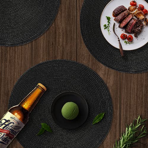 FunWheat Round Braided Placemats Set of 4 Table Mats for Dining Tables Woven Washable Non-Slip Place mats 15Inch (Black, 4pcs)