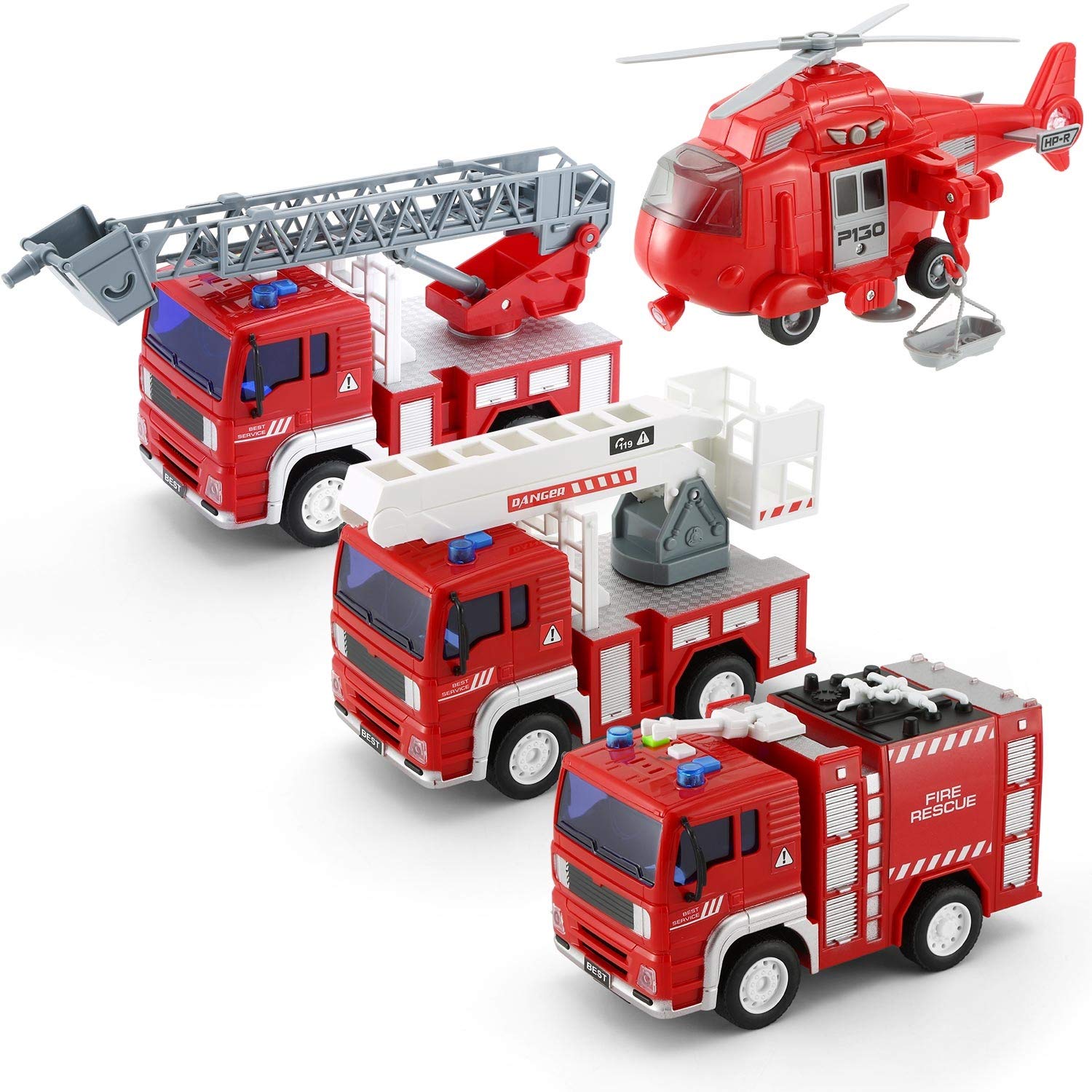 KeepRunning 4 Pack Friction Powered City Fire Rescue Vehicle Truck Car Set Including Helicopter, Boom Lift Truck,Ladder Fire Truck, and Fire Engine, with Light and Sounds/Sirens