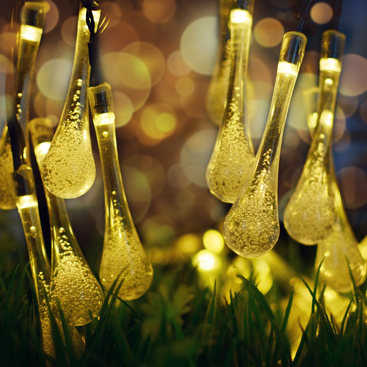 SEYEON Solar String Lights Water Drop Decorative Lights String Waterproof Outdoor Garden Fairy Lights for Patio, Yard, Home, Parties 2-Pack (Warm White)