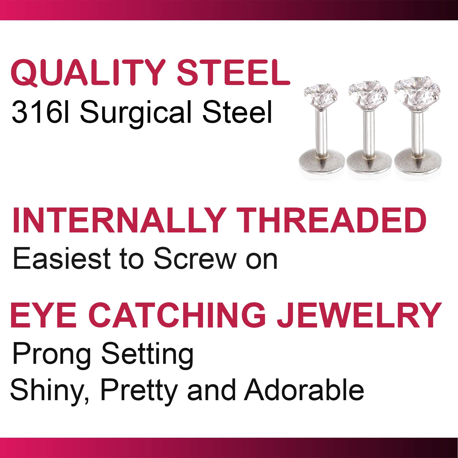 bodyjewellery 16g Internally Threaded Lip Labret Piercing Studs Surgical Steel Helix Monroe Dahlia Tragus Cartilage Snake Bites 1/4 6mm