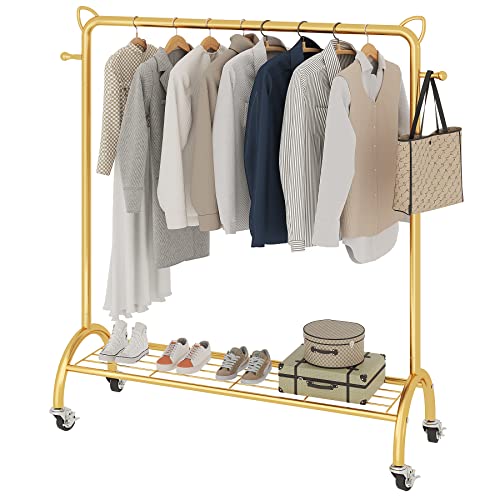 Dttwacoyh Garment Rack, Clothing Rack with Rounded Corners and Wheels,Cute Cat Ears, Heavy Clothes Rack for Bedroom, Living Room and Dormitory(Gold)