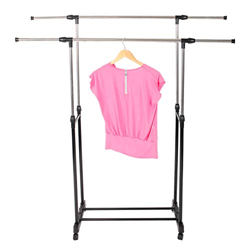 Dual-bar Vertical & Horizontal Stretching Stand Clothes Rack with Shoe Shelf YJ-04 Black & Silver,Commercial Rack Rolling Clothes Racks for Hanging Clothes Rack, Collapsible & Portable Clothes Rack
