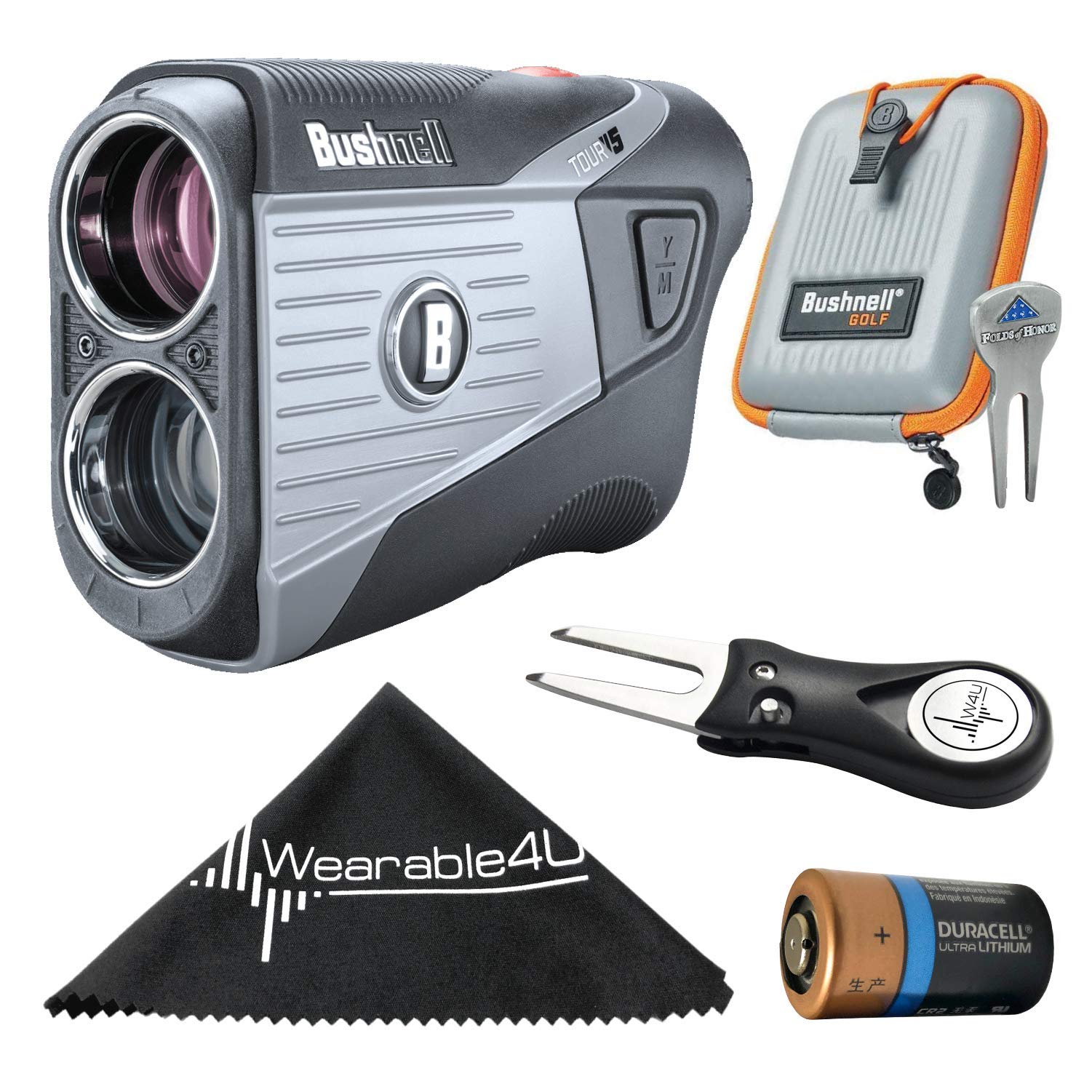 Bushnell Tour V5 Red/White/Blue Special Edition Golf Rangefinder Wearable4U Golf Tools, Cleaning Cloth, CR2 Battery Bundle