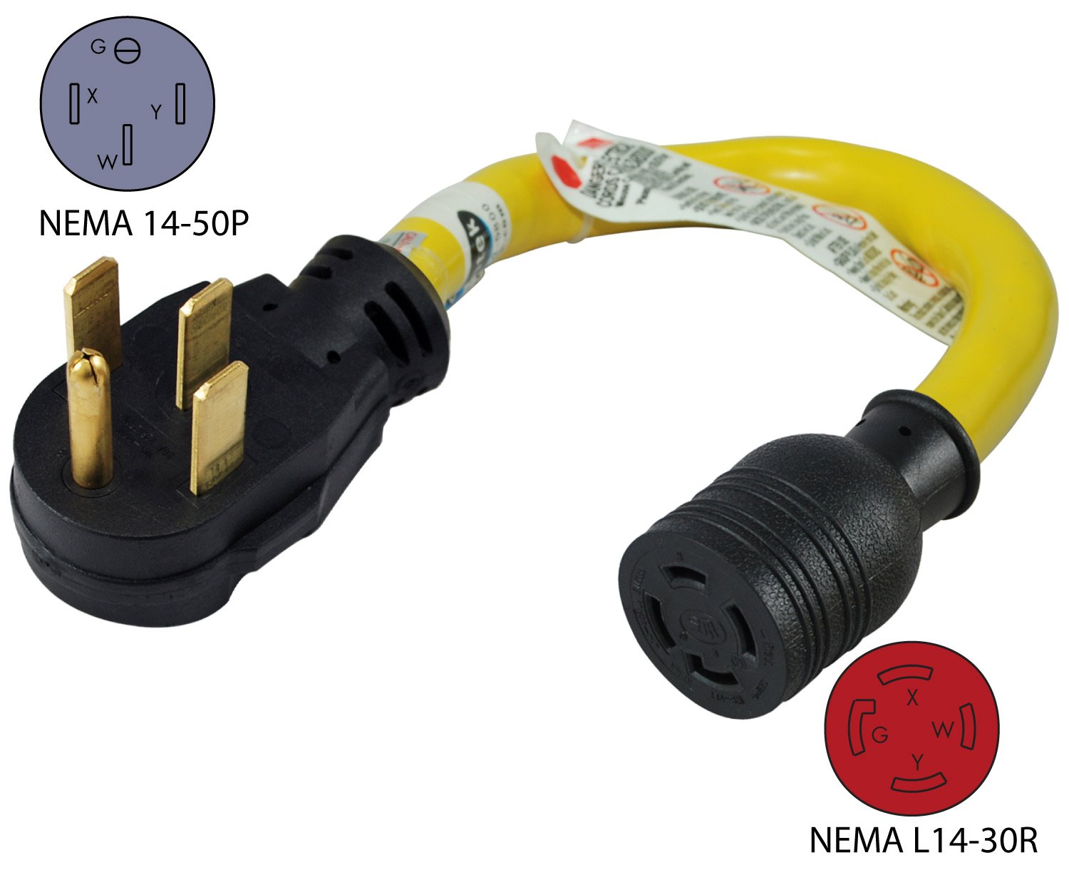 Conntek 14335 1.5-Foot Adapter 50 Amp 14-50P Male Plug To L14-30R 30 Amp 125/250 Volt Locking Female Connector, Black