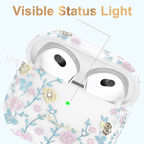 KINGXBAR Compatible with AirPods 3rd Generation Case, Cute Floral Clear Soft TPU Shockproof Protective Cover for Women Girls with Keychain for Apple AirPods 3 2021 Charging Case (Blue)