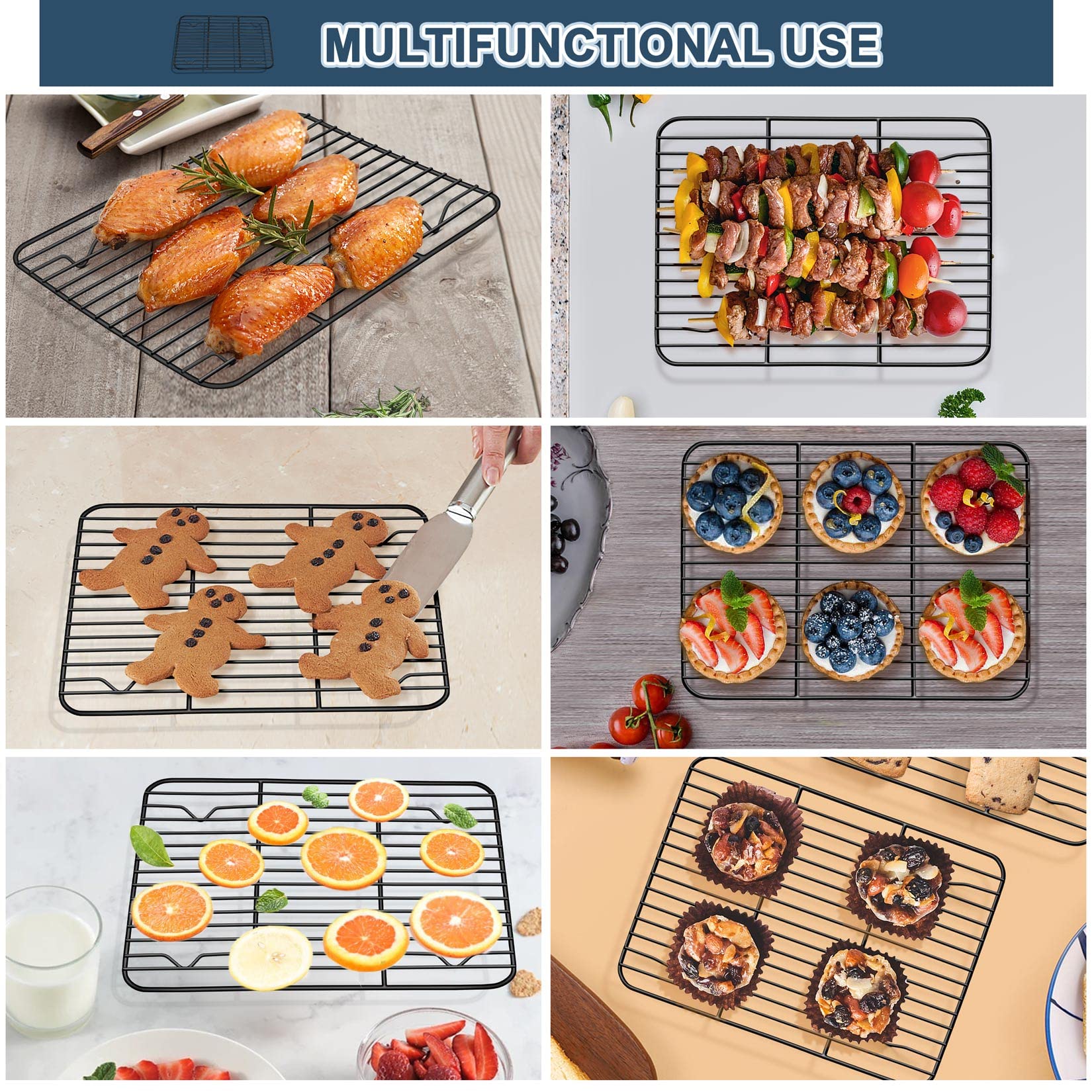 Cooling Rack Set of 2, P&P CHEF Non-stick Small Baking Racks for Cooking Grilling, 2 Pack 9.7β x 7.3β Drying Rack, Fit in Mini Toaster Oven, Stainless Steel Core & Dense Lines, Easy to Clean