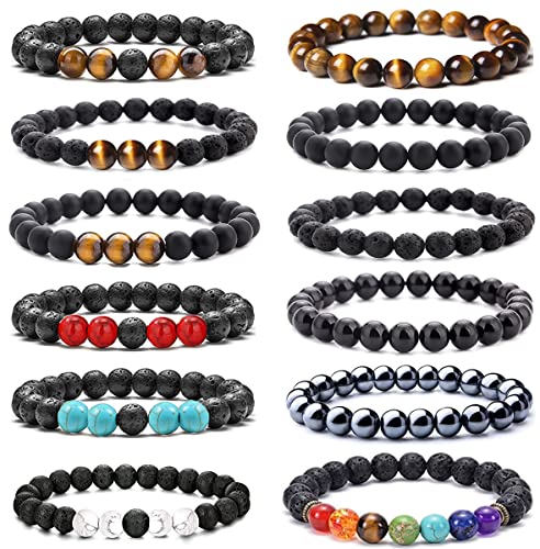 SAMOCO 12 Pcs Adjustable Lava Rock Stone Essential Oil Diffuser Bracelet Braided Elastic Rope Stone Yoga Beads Bracelets for Men Women