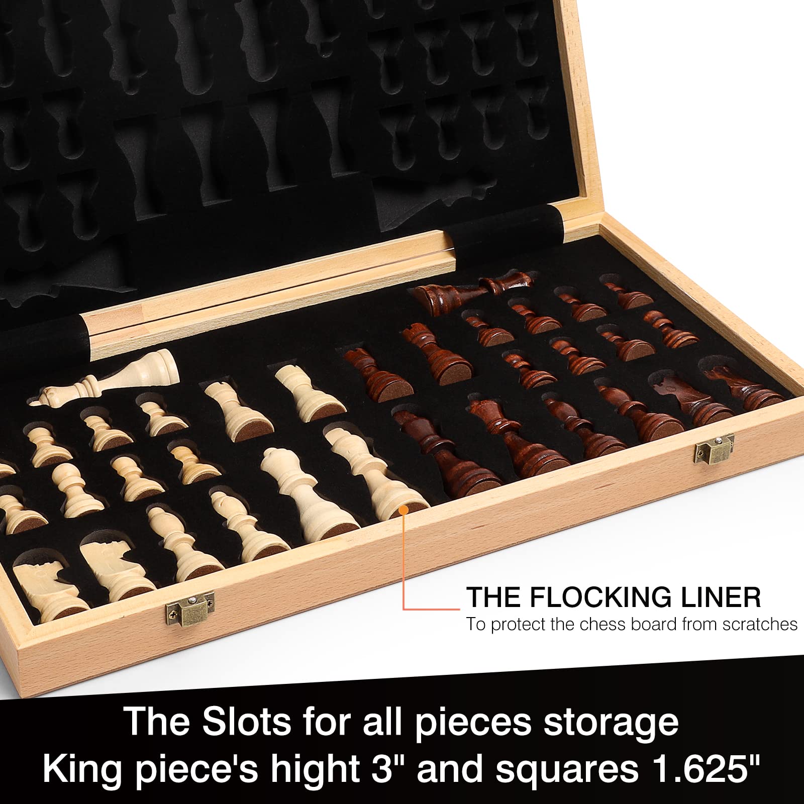 LEAP 15.5" Inches Wooden Chess Set - 2 Extra Queens - Folding Board, Handmade Portable Travel Chess Board Game Sets with Game Pieces Storage Slots - All Age Chess Set for Adults and Beginner