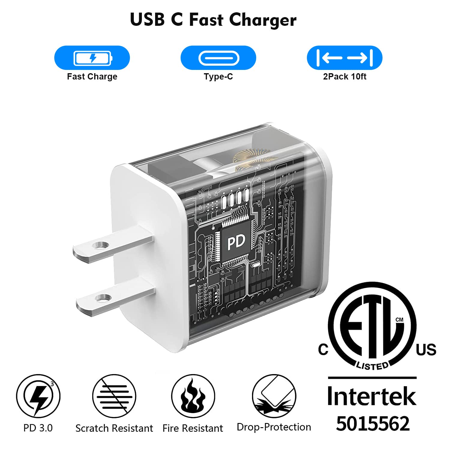 Fast Charger iPhone [Apple MFi Certified],iPhone Charger 2 Pack USB C Rapid Charger iPhone Block with 2Pcs 10FT Apple USB C to Lightning Cable for iPhone 14 Pro/13Pro Max/12/11Pro/Mini/XR/8/iPad