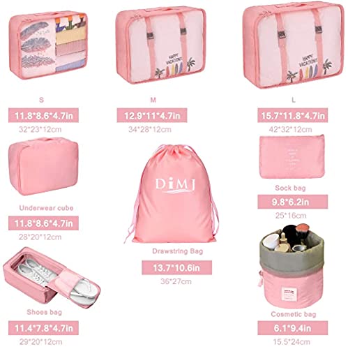 DIMJ Packing Cubes for Travel, 8Pcs Travel Cubes Set Pink Foldable Suitcase Organizer Lightweight Luggage Storage Bag