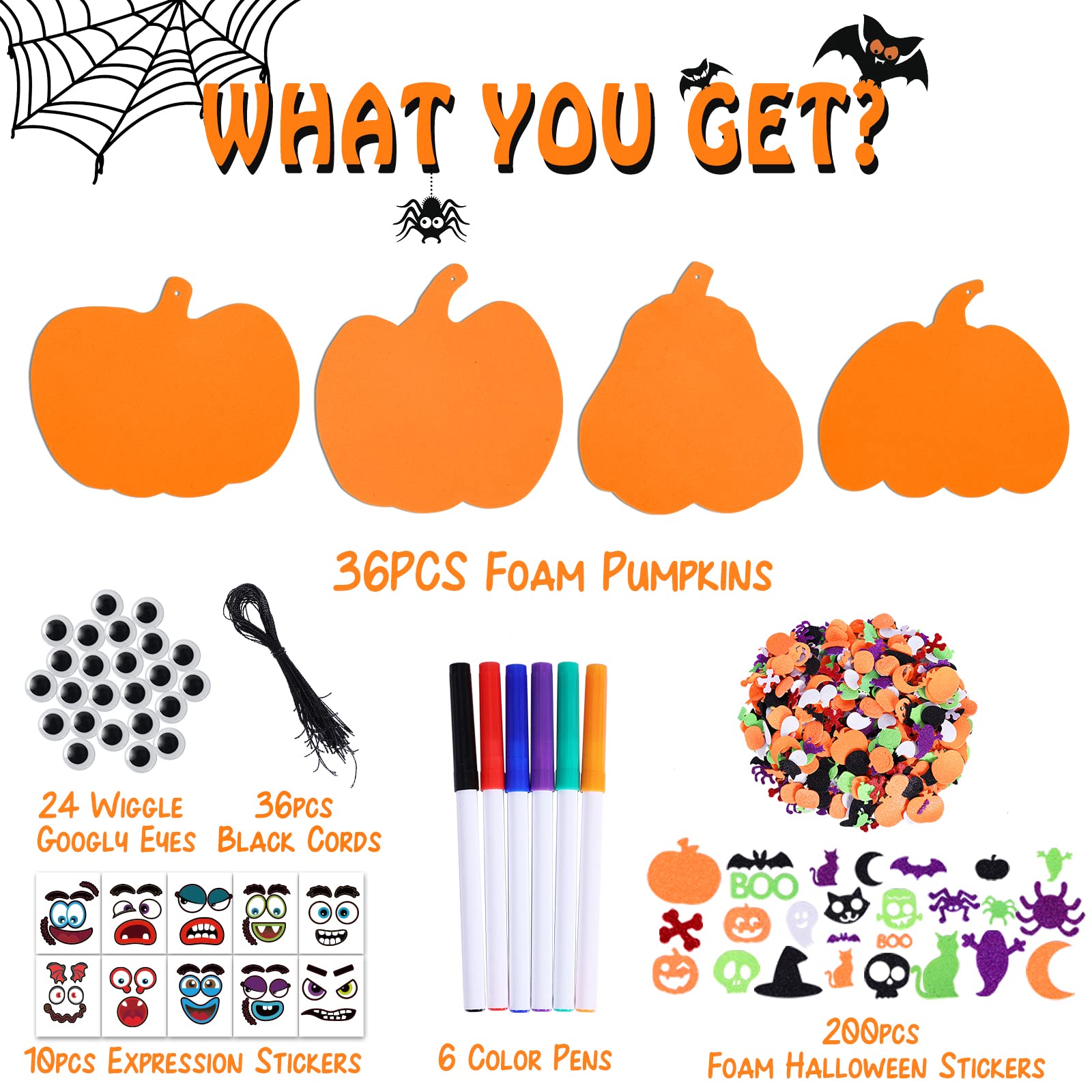 Max Fun 312PCS Halloween Pumpkin Foam Stickers, Halloween Craft Kit for Kids Bulk Glitter Set DIY Self-Adhesive Halloween Decoration