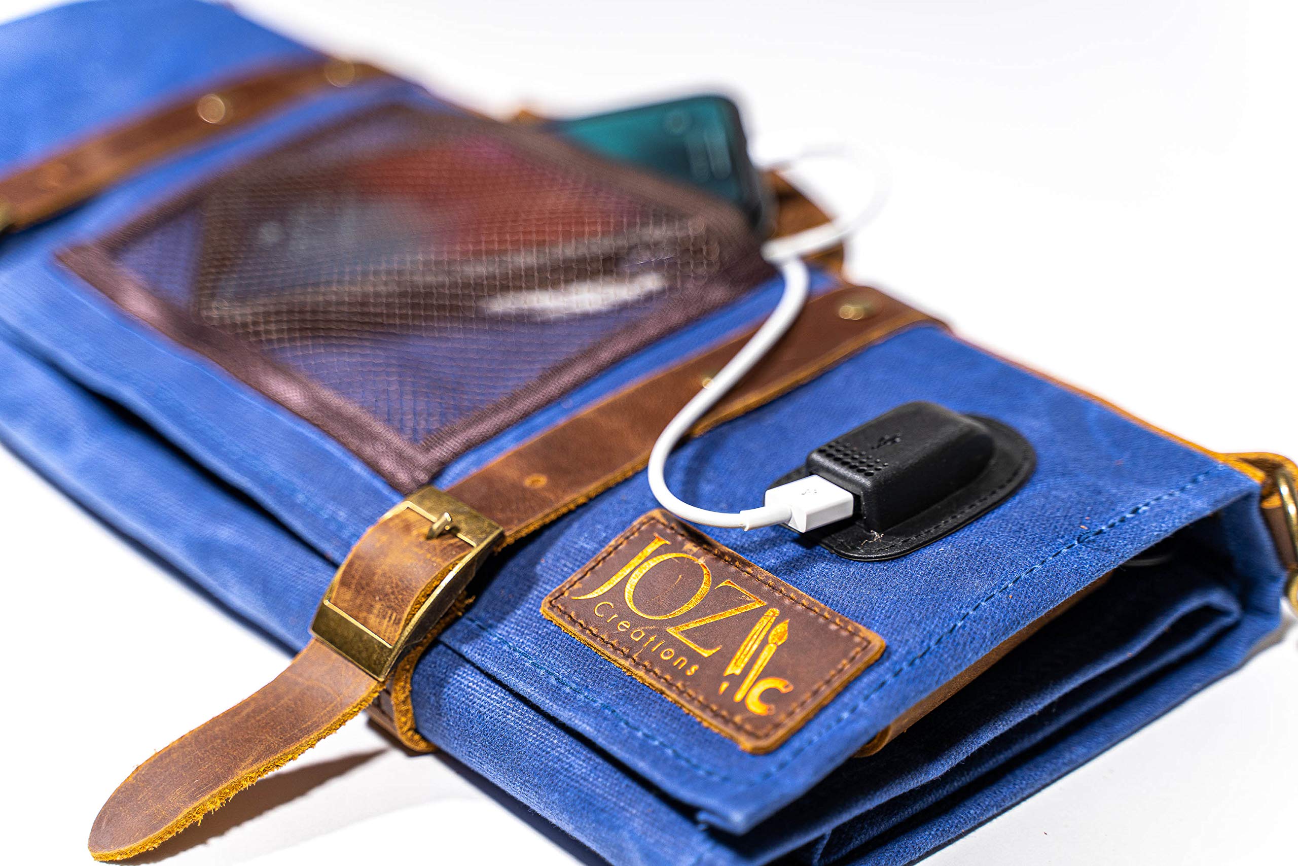 Chef Knife Roll Bag Waxed Cavas Genuine Leather USB | Amazing Gift for Tech Savvy Executive Chefs & Culinary Students (Blue) Culinary graduation gift | JOZ Creations LLC knife bag USB port blue