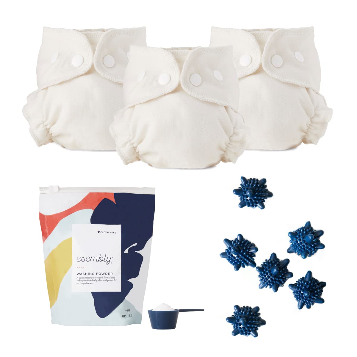 Esembly Cloth Diaper Bundle Set (Size 1, Sea Salt), Washing Powder Bundle (2 Pack) and Agitators Washer Dryer Balls (6 Pack) - Complete Cloth Diapering Laundry Package