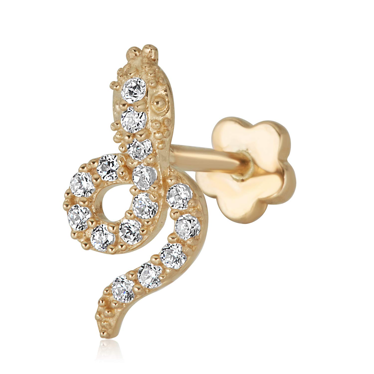 AVORA 14K Yellow Gold Simulated Diamond CZ Snake Cartilage Piercing Flat Back Earring Body Jewelry (18 Gauge)