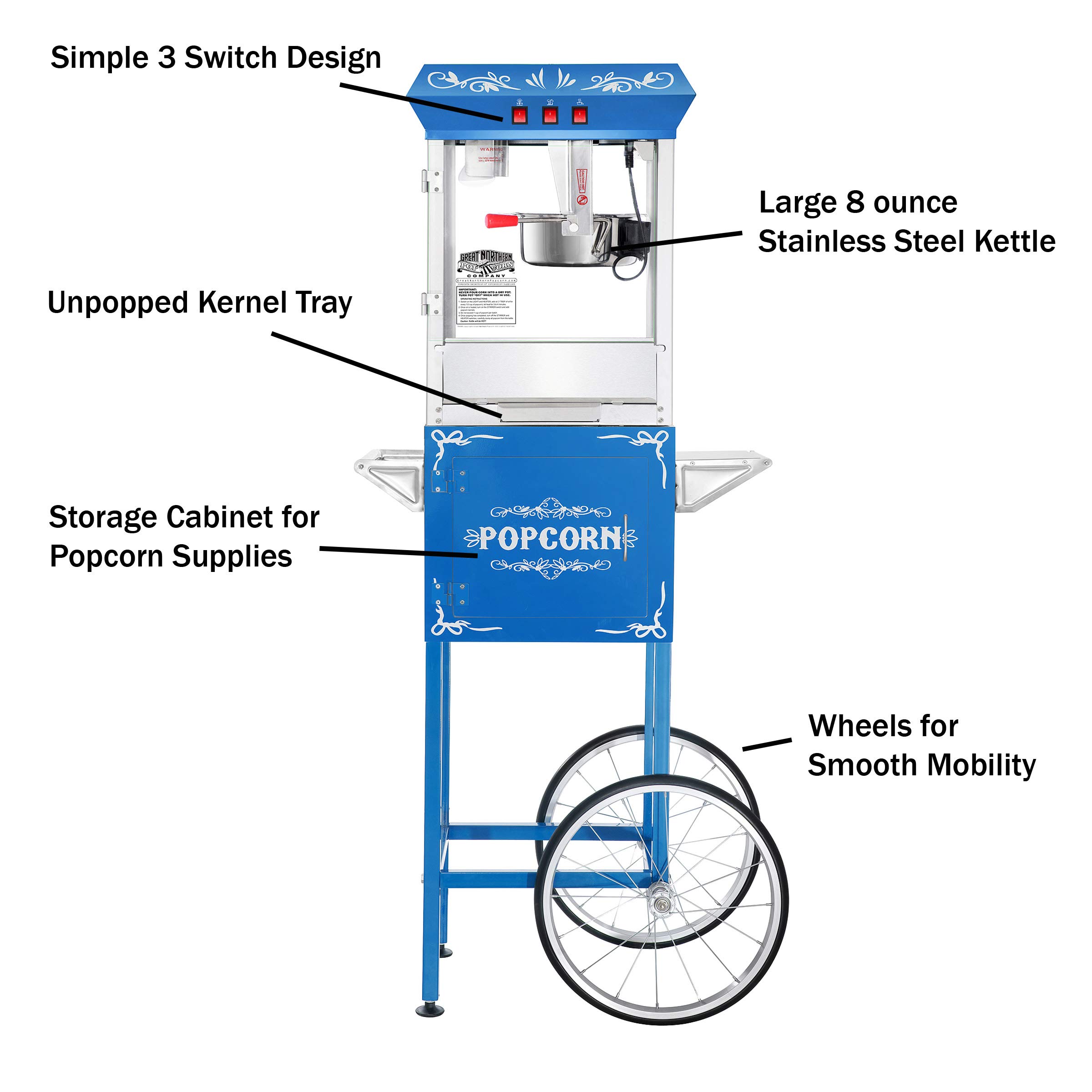 Great Northern Popcorn 738560NWJ Foundation Popcorn Machine with Cart, 8oz, Blue