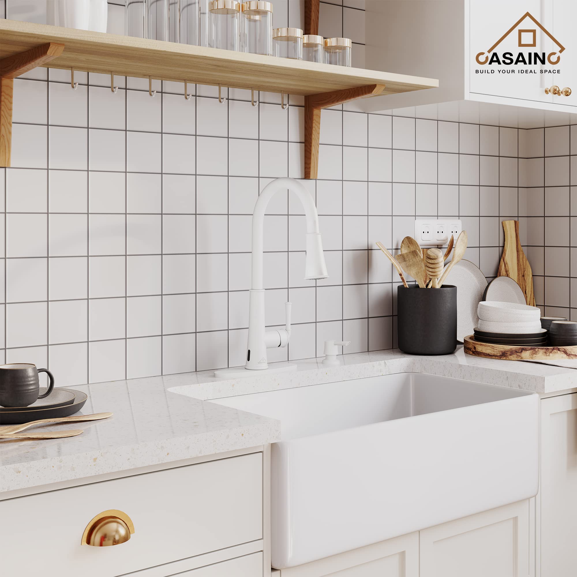 CASAINC Kitchen Faucet with Pull Down Sprayer Matte White with LED Function, 17.31in H Touchless 1.8 gpm Single Handle Kitchen Sink Faucet, Lead-Free Copper for Bar Laundry Kitchen Sink