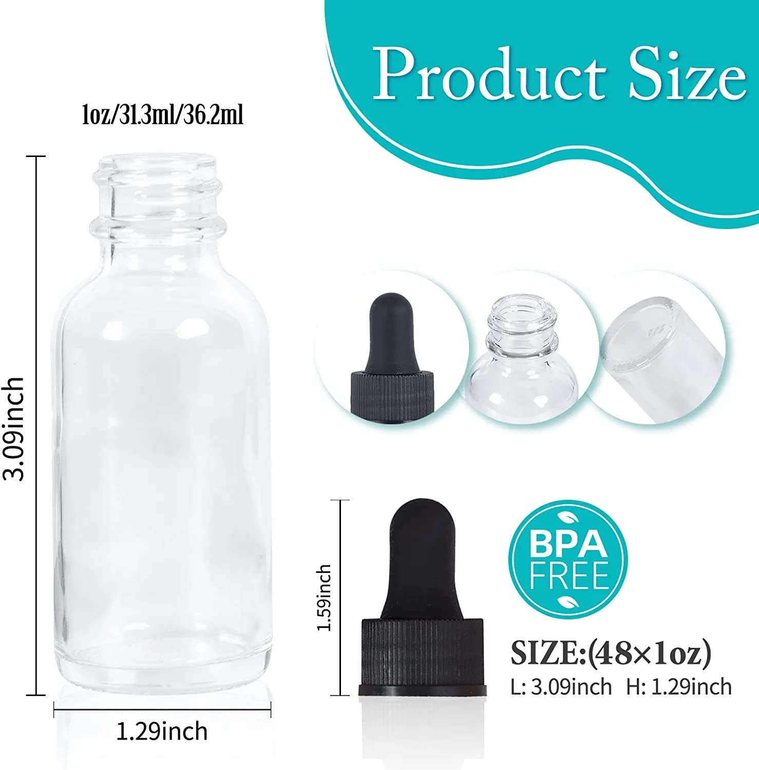 BOSTON ROUND GLASS BOTTLES WITH GLASS DROPPERS | 1oz (30ml) | Clear| Pack of 100