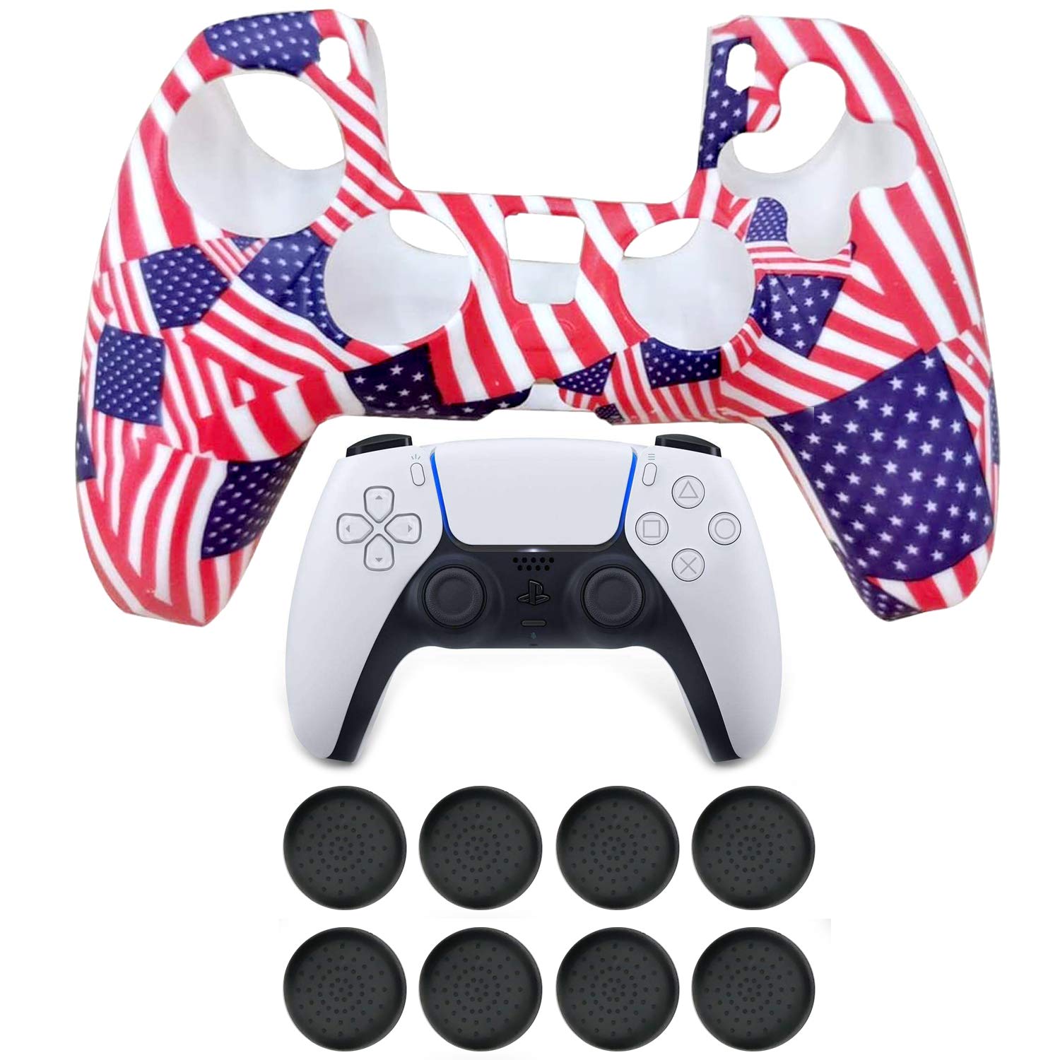 PS5 Controller Cover DualSense Skin Grip Anti-Slip Silicone Cover Protector Case for Sony PlayStation 5 Controller with Thumb Grips x 8. (America Flag)