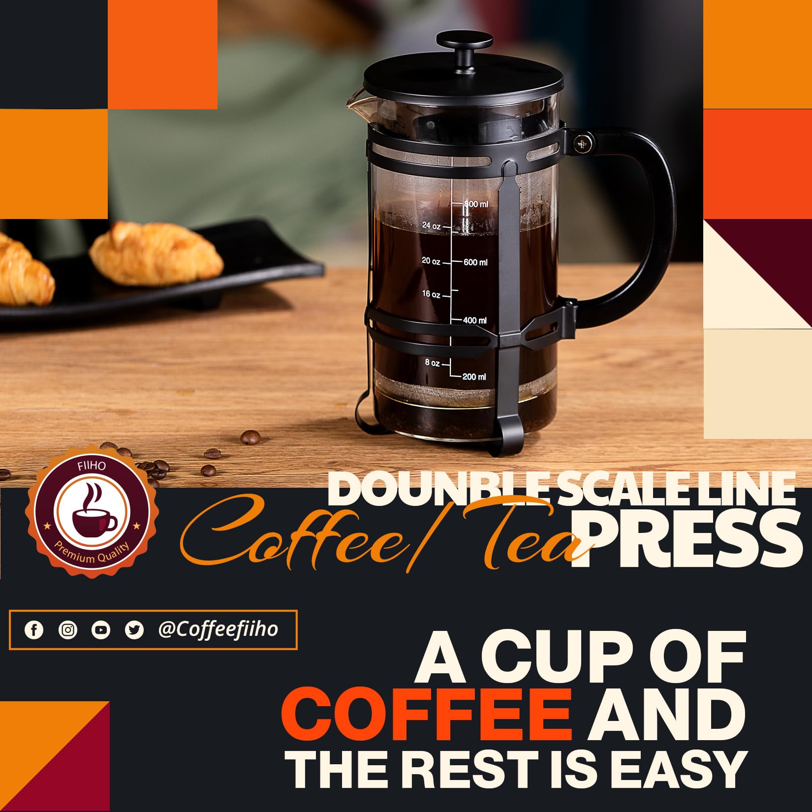 French Press Coffee Tea Maker(34oz),304 Stainless Steel Coffee Press with 4 Filters Screen-100% No Residue -German Heat-Resistant Borosilicate Glass- BPA FREE -Dishwasherable, Black