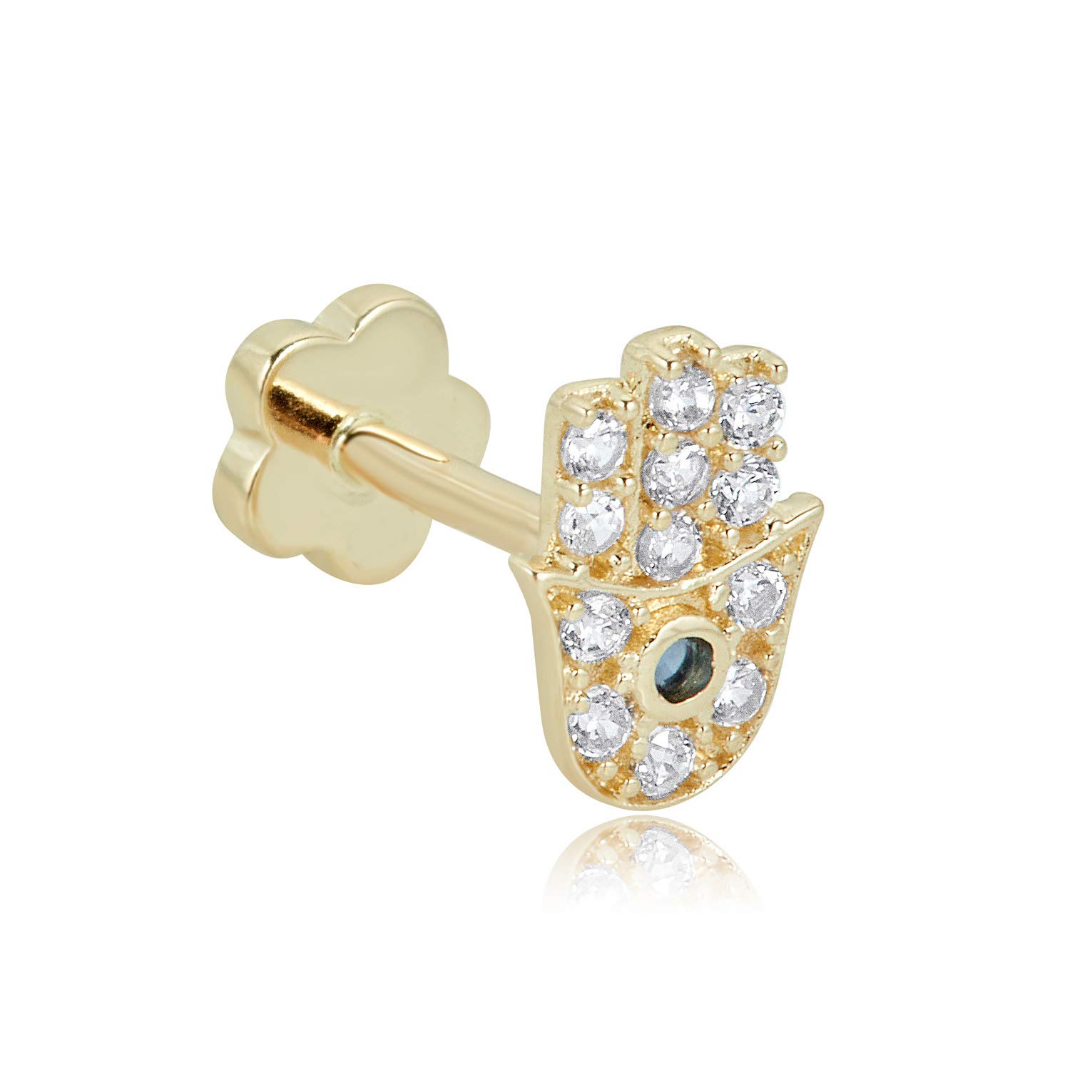 AVORA 14K Yellow Gold Simulated Diamond CZ Hamsa Cartilage Piercing Flat Back Earring Body Jewelry (18 Gauge)