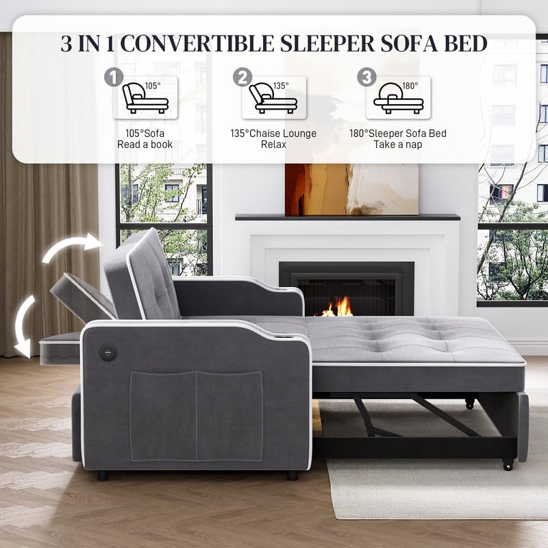 DAMAIFROM Sleeper Sofa Bed with USB Port, Velvet Pull Out Couch Bed, 3-in-1 Convertible Upholstered Loveseat Sofa,Velvet Futon Couch with Adjustable Backrest for Living Room,Dark Grey