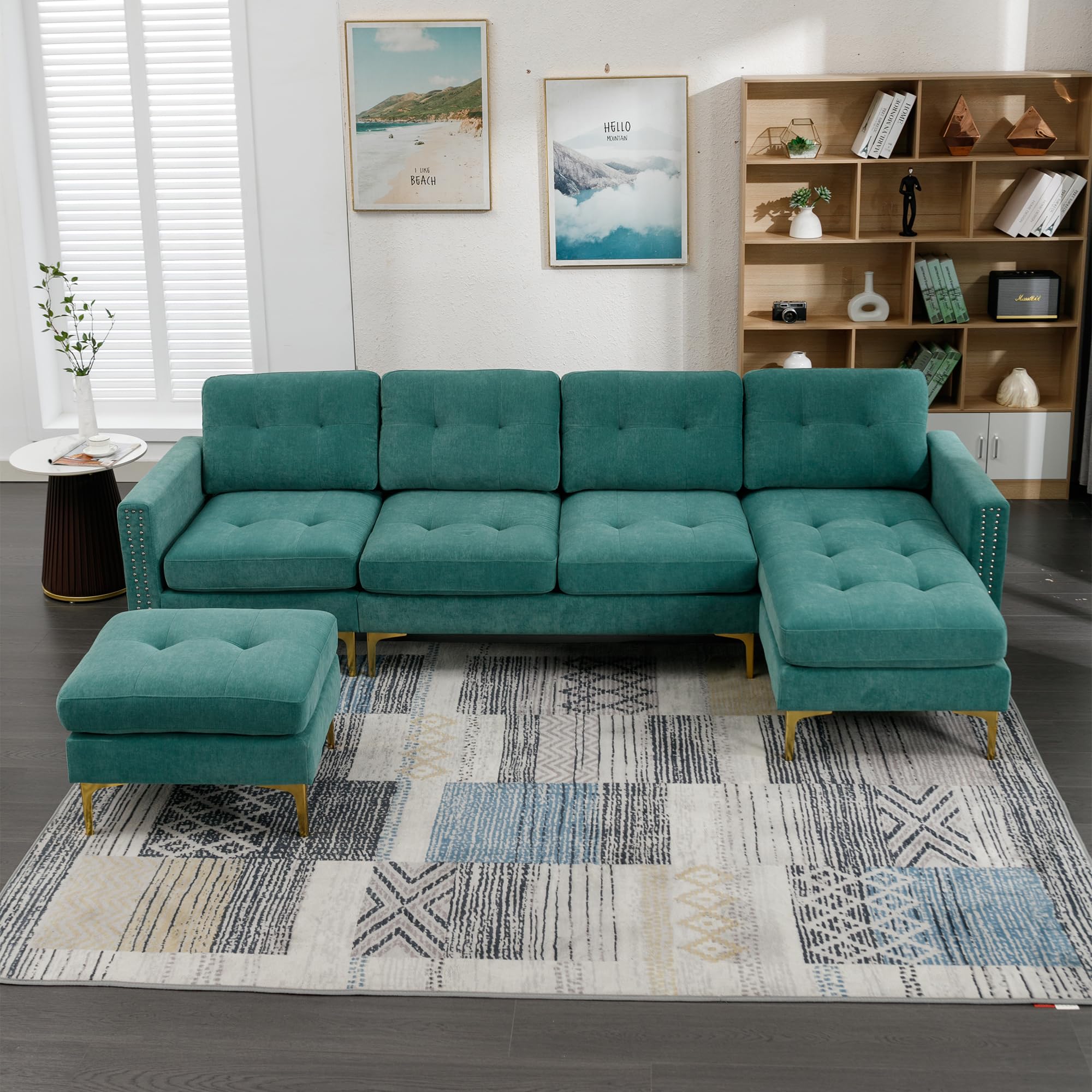 Favfurish 110" L Shape Convertible Sectional Sofa with Movable Ottoman,Velvet U-Shape Modular Couch,for Living Room,Apartment, Office,Green