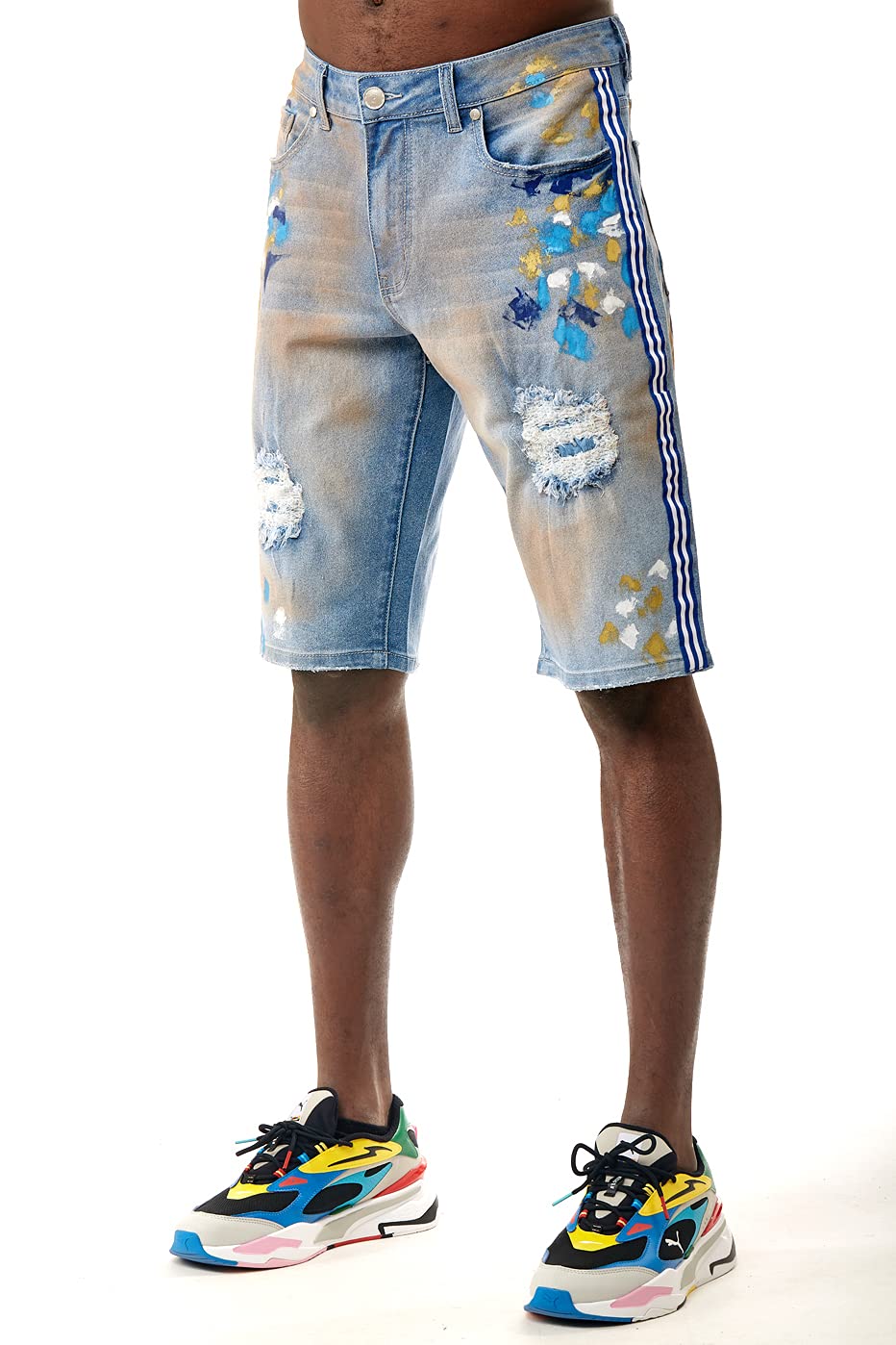 Bleecker and Mercer Mens Flex Stretch Ripped Slim Jeans Pants Distressed Stitch Fashion 12" Denim Shorts (BS1004-BM-JET Black, 32)