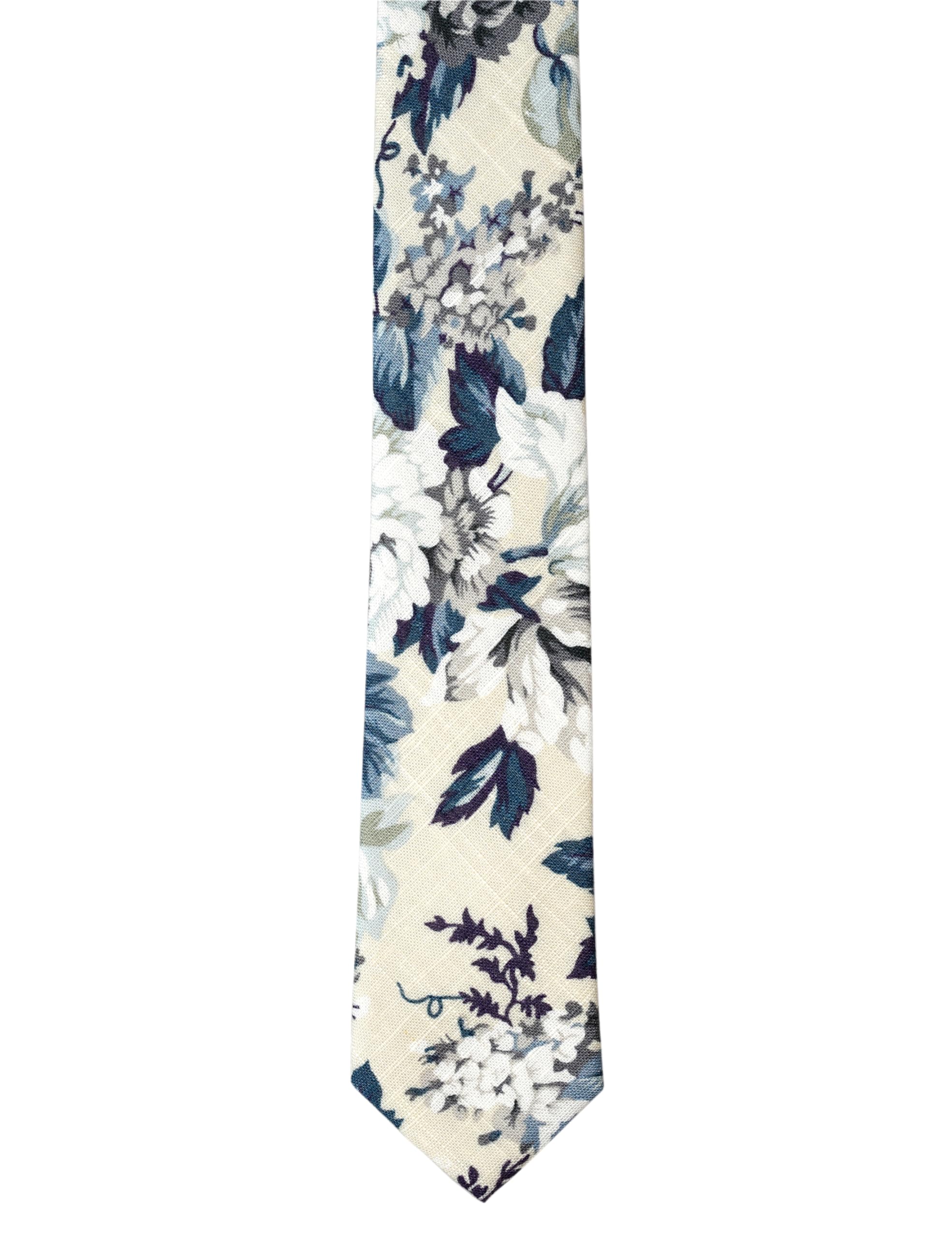 BELLUNO Floral Skinny Tie for Men, Slim Flower Tie for Wedding, Activities, Gift Box-Beige Blue