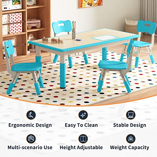 wanan Kids Table and 4 Chairs Set, Multi Levels Height Adjustable Toddler Table and Chairs Set for Daycare, Classroom, Home, Playroom, Easy to Clean Arts & Crafts Table for Ages 2-10 (Light Blue)