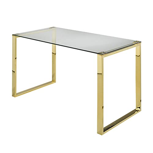 Uptown Club Modern Writing Gold Leaf Stainless Steel Legs and Tempered Glass Top, Computer Table for Home or Office, 47" D x 22" W x 30" H