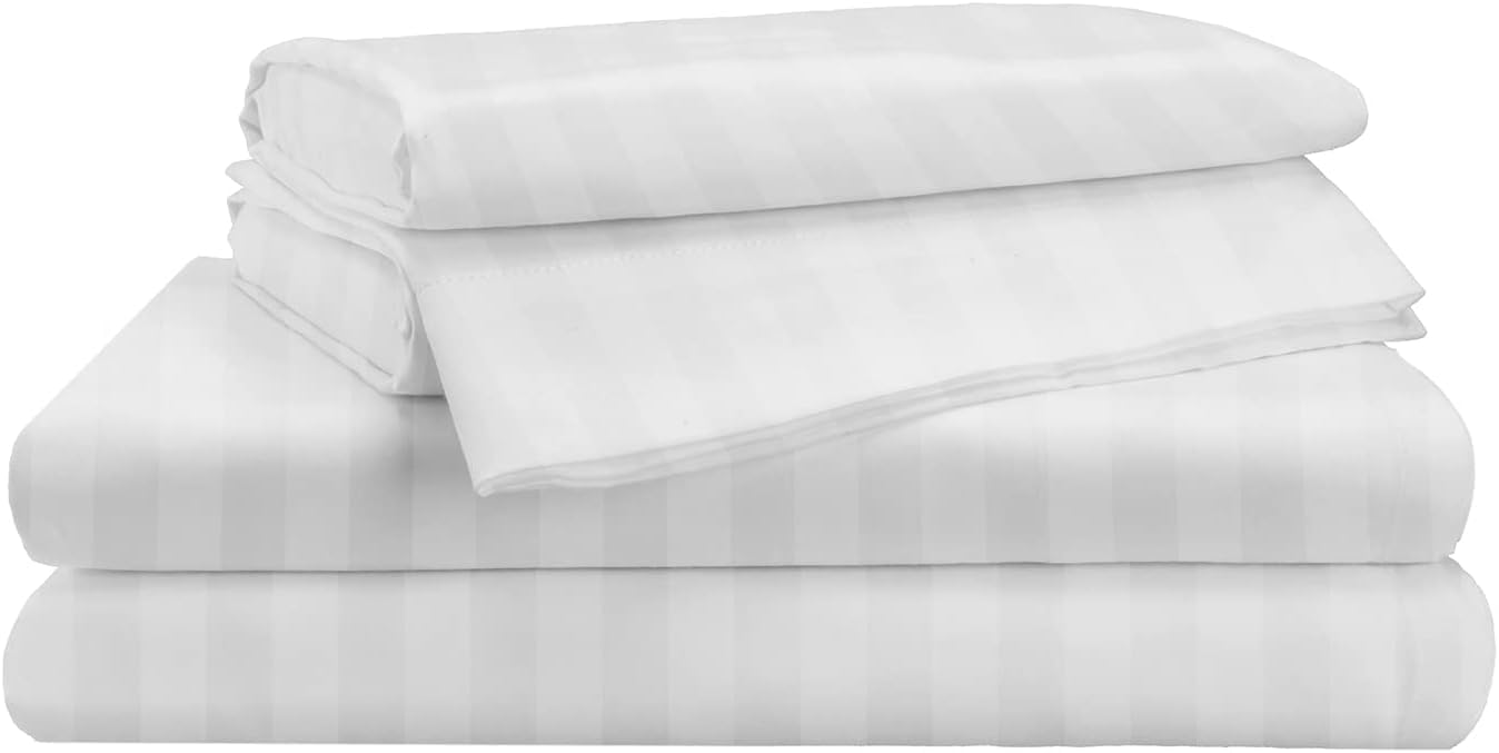 Damask Stripe Queen Size 7-Piece Duvet Cover and Bed Sheet Set 17 inch Deep Pocket - Complete Luxury Soft 1000 Thread Count 100% Egyptian Cotton Bedding Set - White