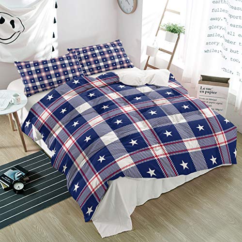 Duvet Cover Sets Independence Day Red White Blue Tartan,3 Pieces Bedding Set Ultra Soft Microfiber Quilt Covers and Pillowcase for Bedroom,USA Flag Star and Stripe Bed Set All Seasons Use
