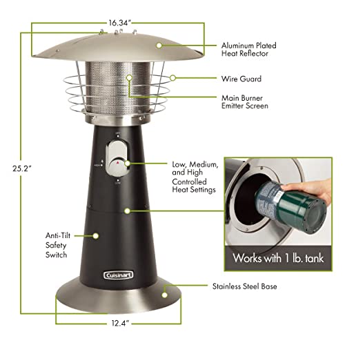 Cuisinart COH-500 Portable Tabletop Patio, 11,000 BTU Outdoor Propane Heater with Safety Tilt Switch and Burner Screen Guard, 30 sq. Foot Heat Range, Black