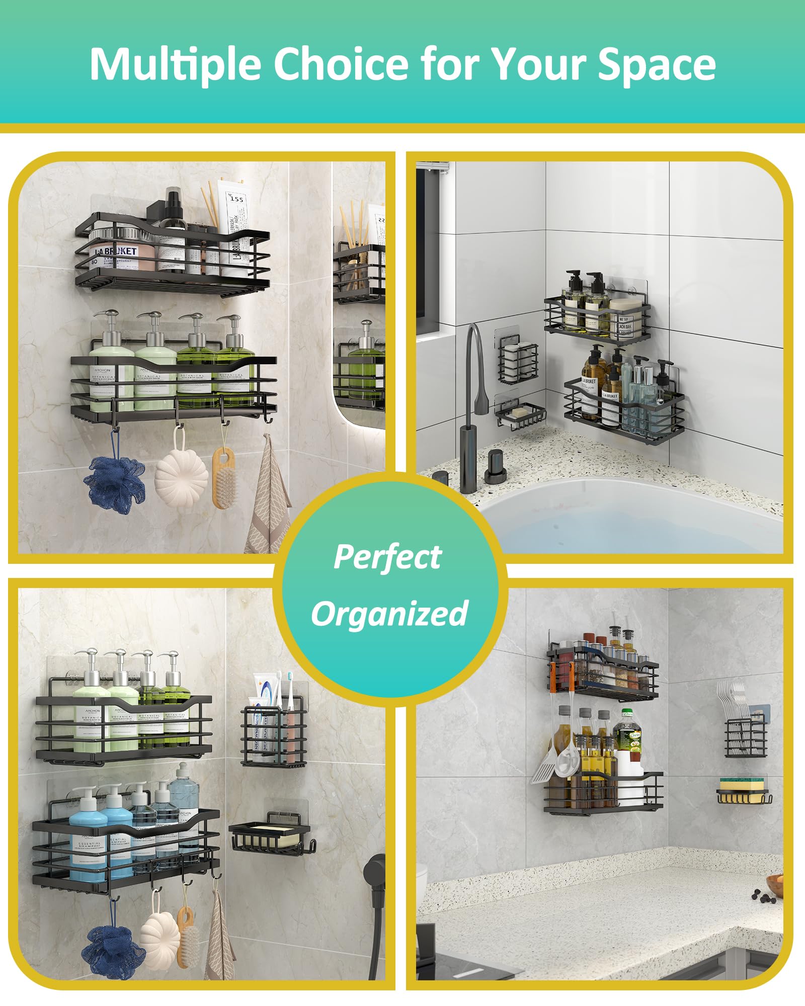 BOROY Bathroom Organizer, 4 Pack No Drilling Shower Caddy with Hooks, Wall Mout Rustproof Stainless Steel Storage Basket for Shower Room, Dorm and Kitchen
