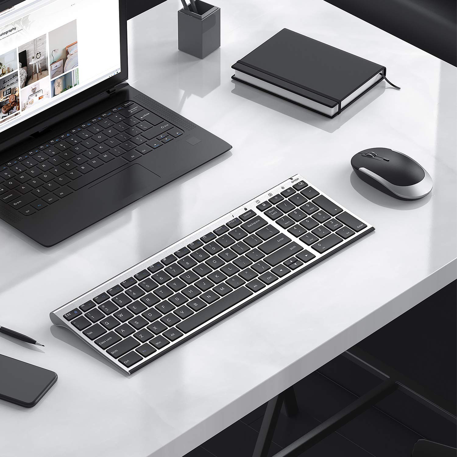 Bluetooth Keyboard Mouse, Multi-Device Wireless Keyboard Mouse Combo, Ultra Slim, Rechargeable, Dual-Mode(Bluetooth 4.0 + USB), for Windows/Mac OS (Black Silver)