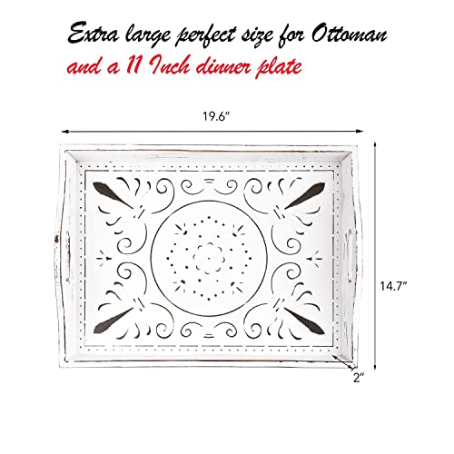 Cookaburrah Decorative Wooden Serving Tray with Handles, Rustic Tray Embossed with Metal, Rectangular Serving Tray for Ottoman, Perfect for Home, Restaurant, Farmhouse Decor (White)