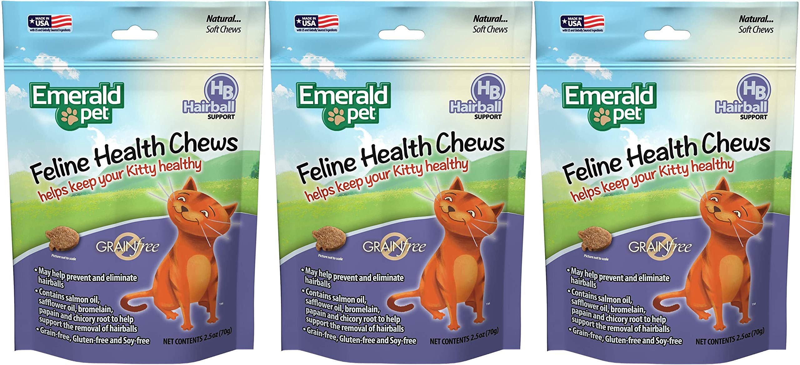 Emerald Pet 3 Pack of Hairball Feline Health Chews, 2.5 Ounces Each, Grain-Free, Made in The USA