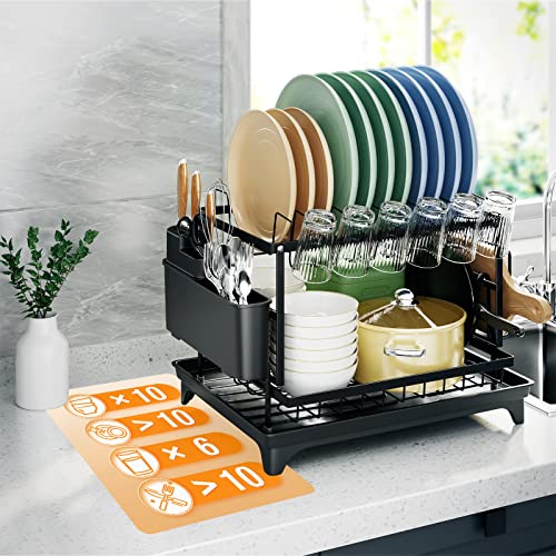 kenvc Dish Drying Rack,Dish Rack Kitchen Counter,Dish Racks for Kitchen Counter,Board Holder, 6 Cup Holder,Removable Large Capacity Dish Drainer, Rust-Proof Dish Drainer, Black