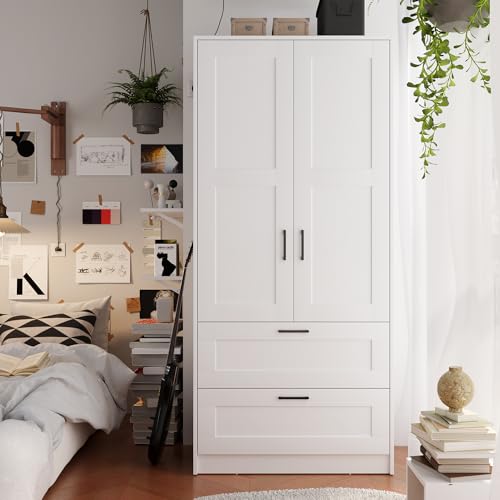 Fddevelop Wood White Wardrobe Closet with 2 Doors and Drawers,Bedroom Freestanding Armoire Storage Cabinet with Shelves,Wooden Wardrobe Combination for Hanging Clothes (White 2 Drawers)