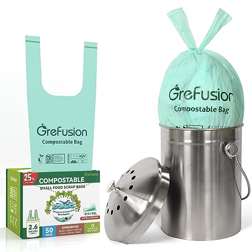 GreFusion Compostable Trash Bags with handle-tie,Garbage Bags, 2.6 Gallon,Thick 0.91 mils,Food Waste Bags,Small trash bags for compost bin kitchen,Certified by BPI and OK Compost (2.6G-50count)