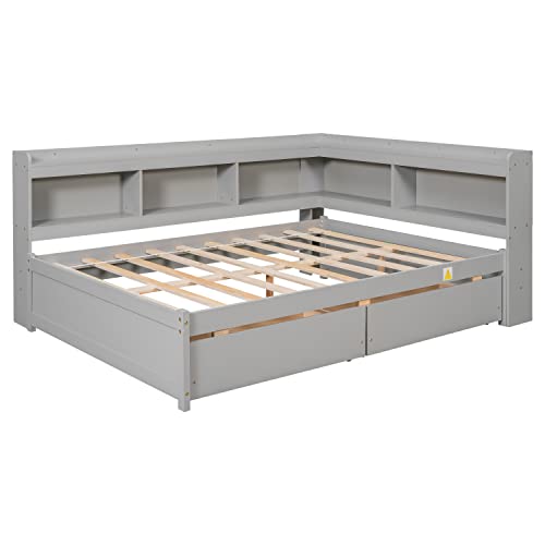 DEINPPA Full Size Platform Bed with L-Shaped Bookcase and 2 Drawers, Wooden Captain Bed Frame with Bookcase Headboard for Kids Teens Adult Boys Girls, No Box Spring Needed, Grey