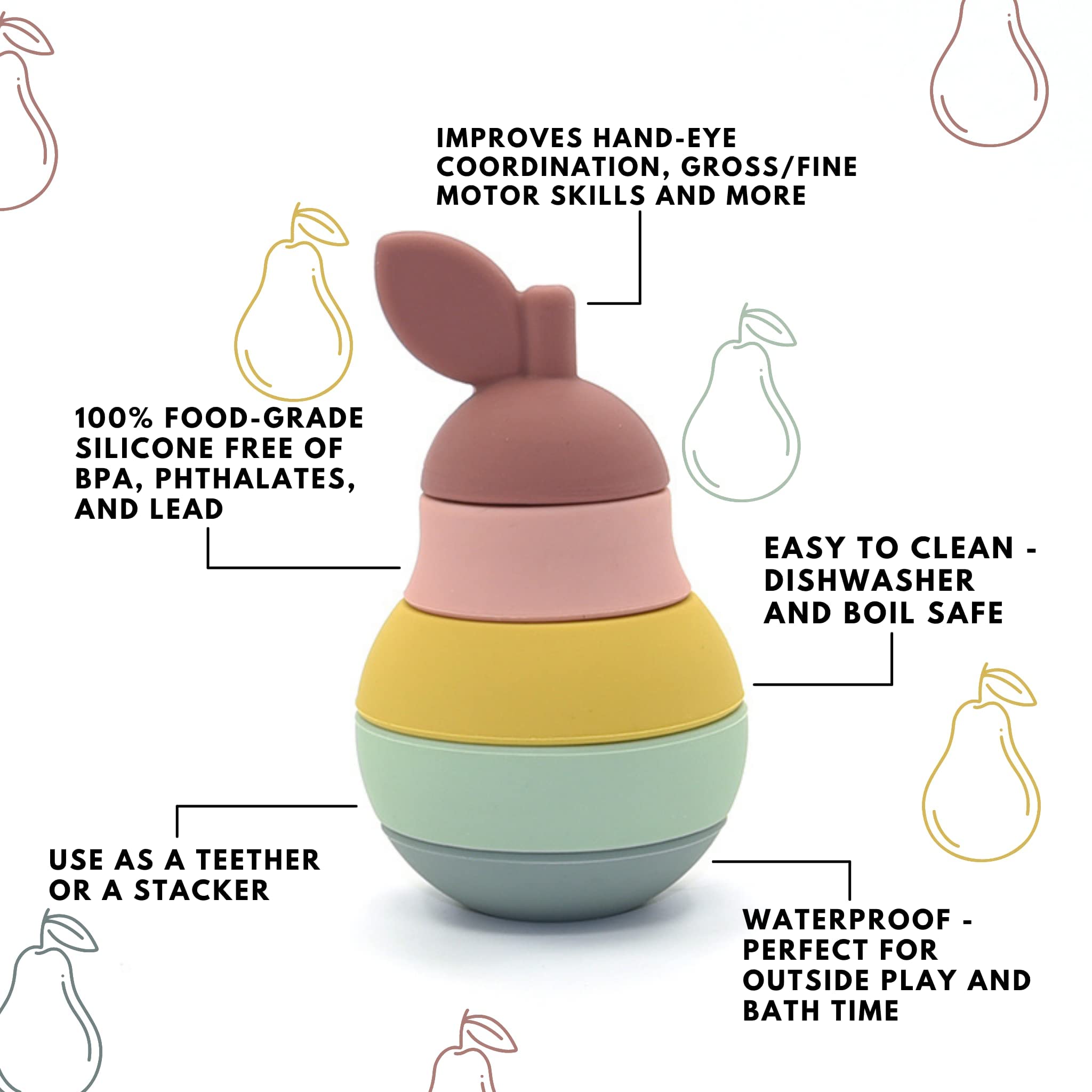 Rosie Bee Silicone Pear Stacker Toy for Kids, Toddlers, Babies - Baby Teether Toys, Stacking, Nesting, Sorting, Puzzle, Blocks, Travel, Bath, Sensory, Gift, Educational, Montessori